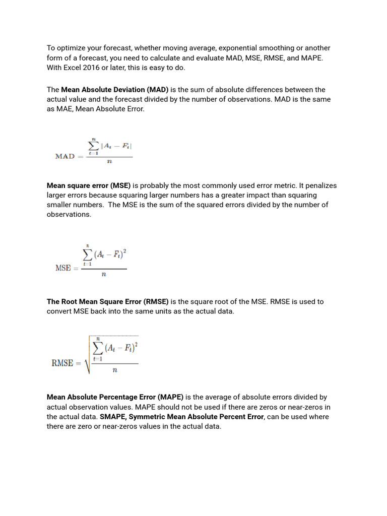 Mad Mse Mape Rmse | PDF