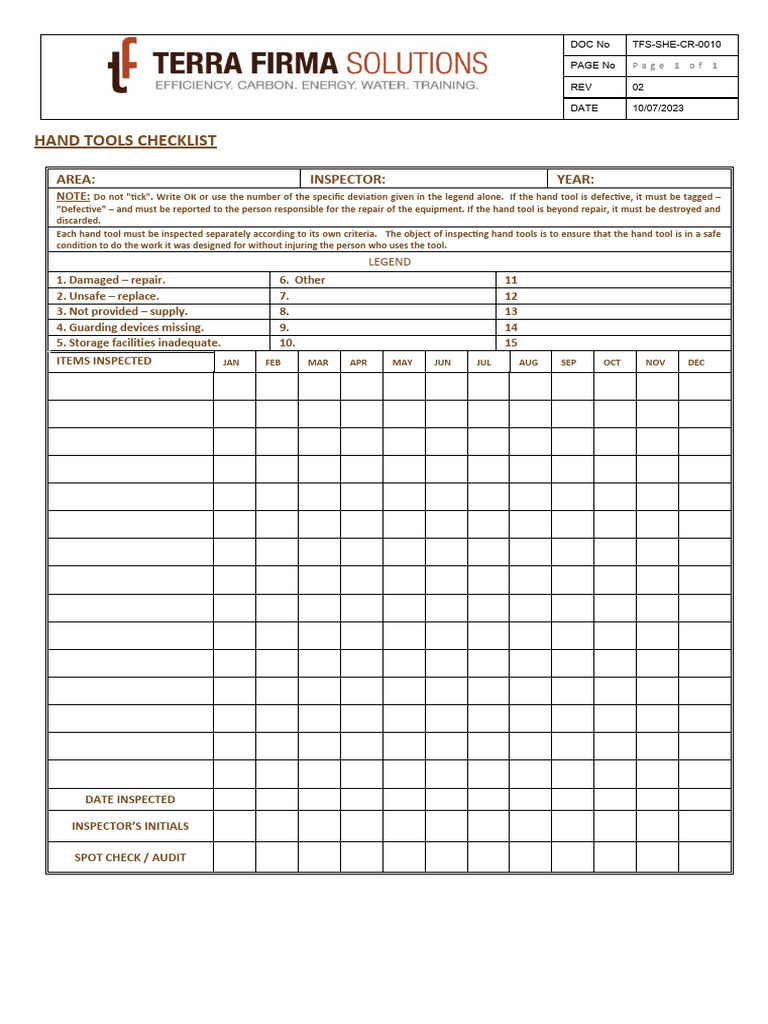 TFS SHE CR 0010 Hand Tools Checklist | PDF