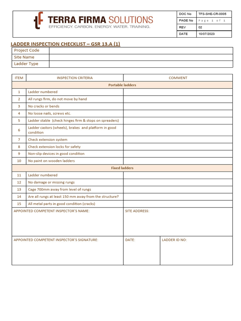 TFS SHE CR 0005 Ladder Inspection Checklist | PDF