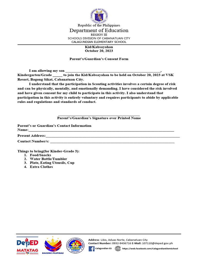 Parent Consent for School Event | PDF