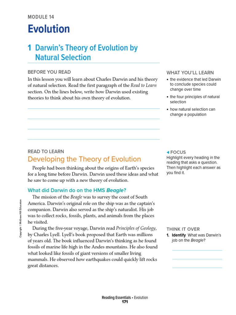 Bio - Reading Essentials Darwin Theory of Evolution by Natural ...