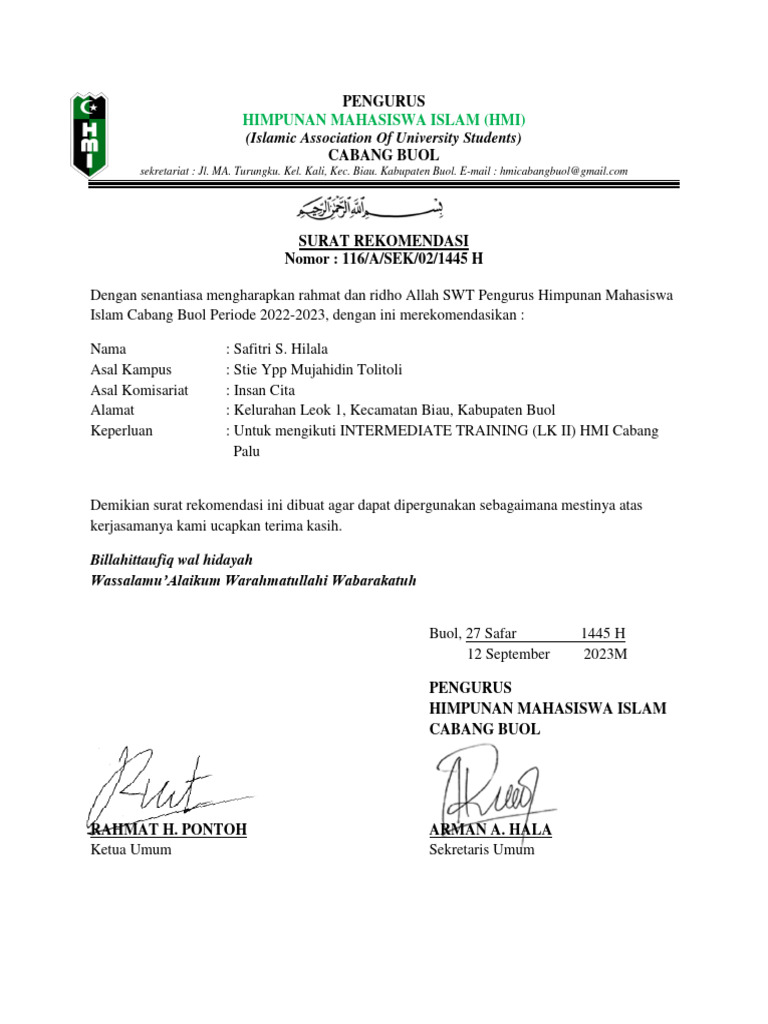 Surat Rekomendasi Lk II | PDF