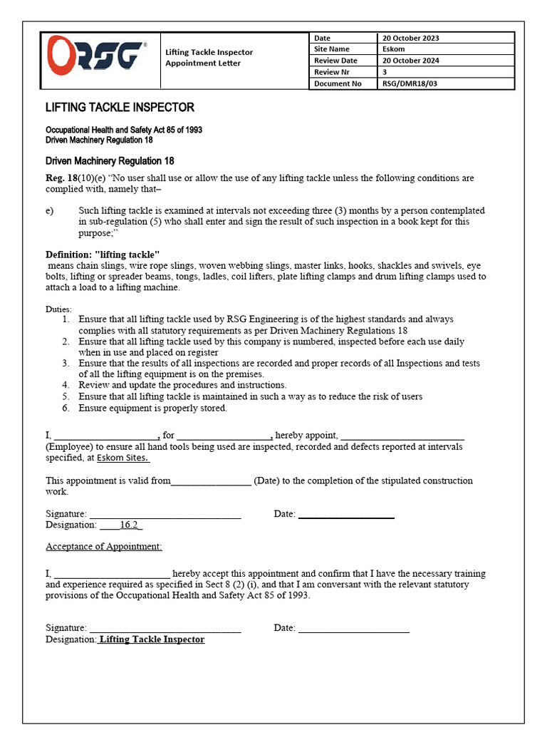 05.2.26 Lifting Tackle Inspector | PDF | Occupational Safety And Health ...