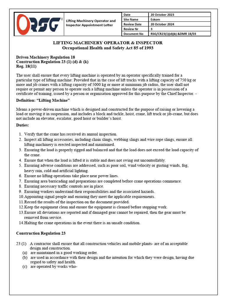 Lifting Machinery Operator Appointment Letter | PDF | Crane (Machine ...
