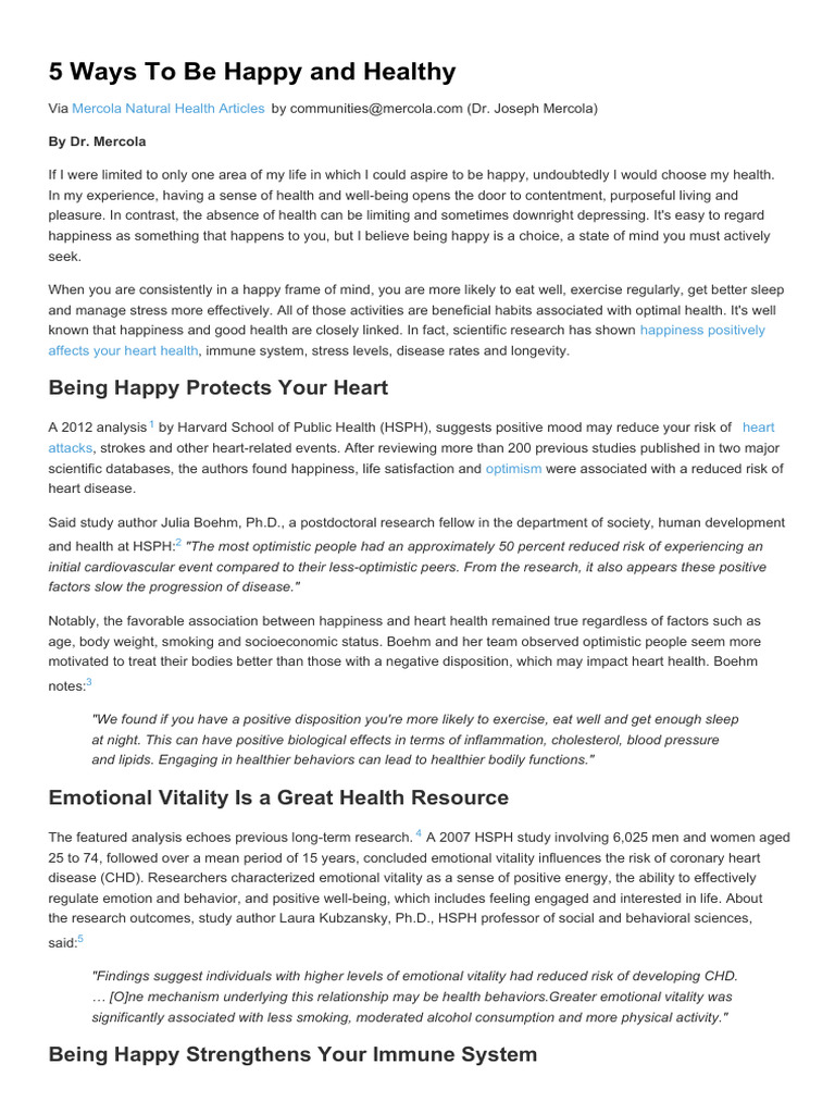 5 Ways To Be Happy And Healthy Pdf Happiness Coronary Artery Disease