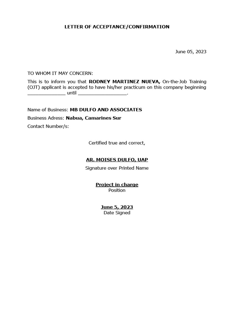 Letter of Acceptance | PDF | Government | Private Law