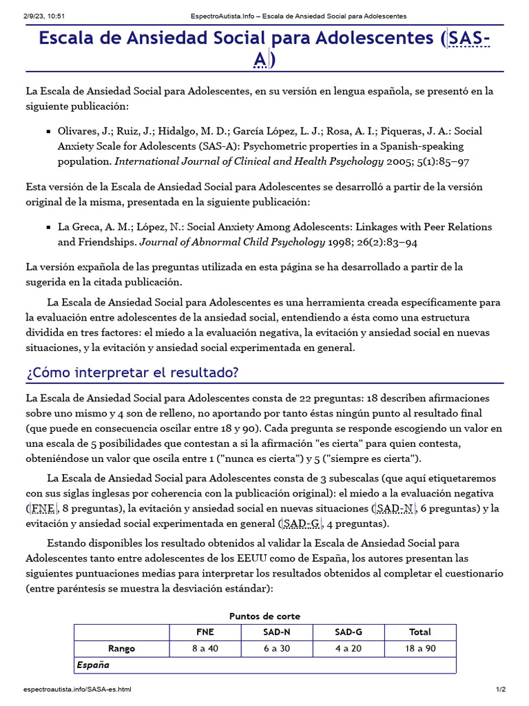 Escala de Ansiedad Social para Adolescentes | PDF | Ansiedad ...