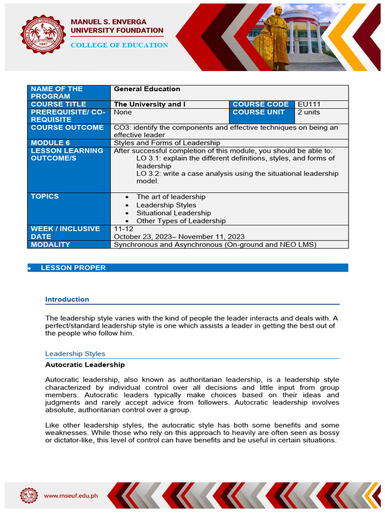 MODULE 6 Forms and Style of Leadership EU111 - Univeristy and I - ISO ...