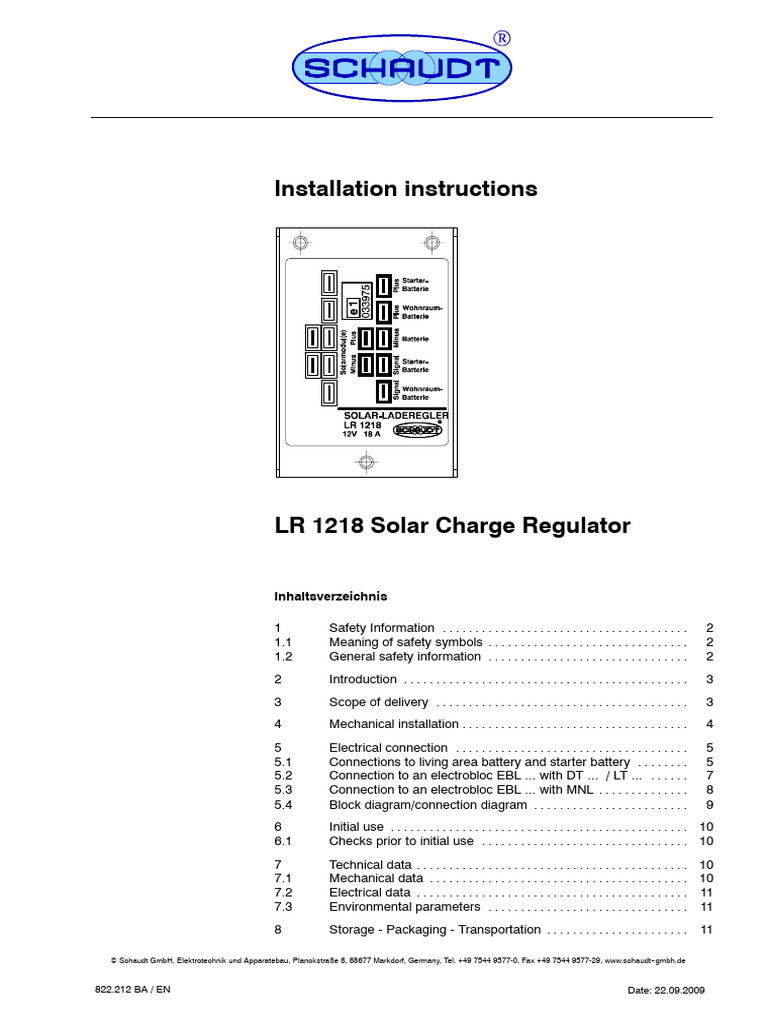 Schaudt Regulador Placa Solar LR1218 Manual Instalacion Ingles | PDF ...
