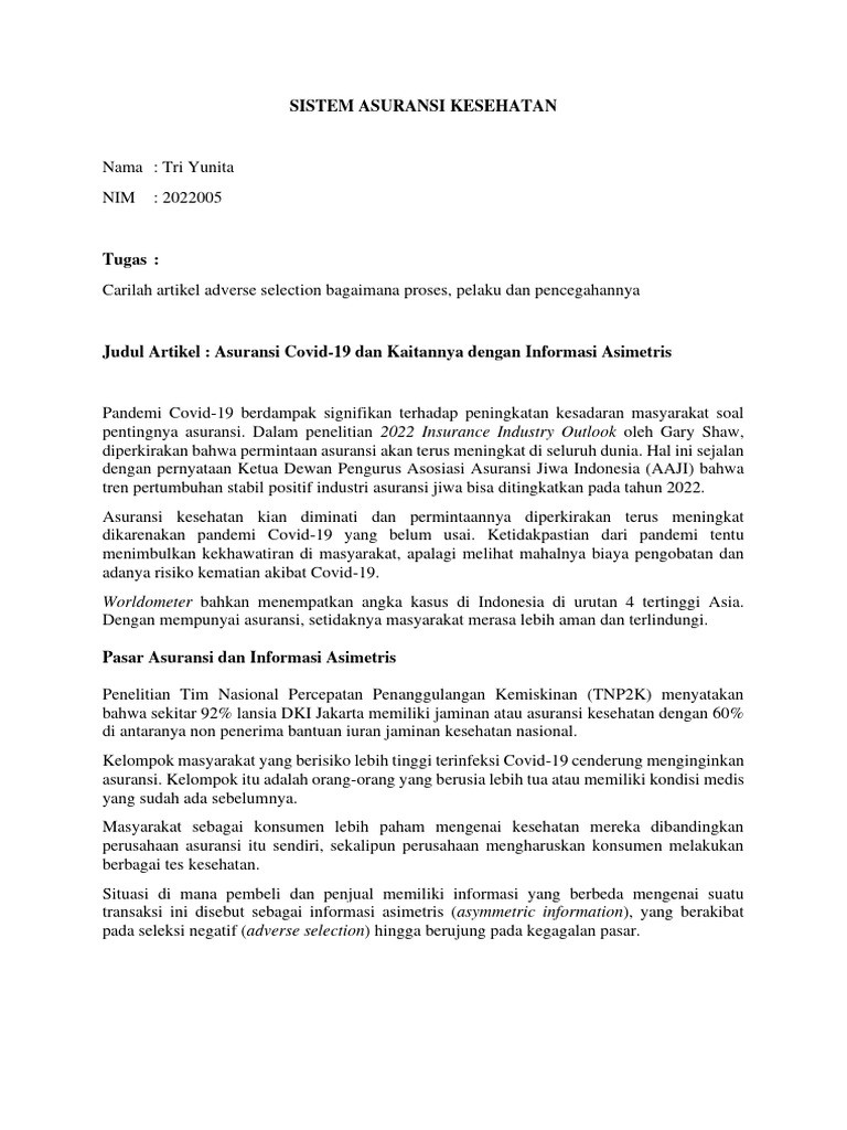 Tugas Adverse Selection Bagaimana Proses, Pelaku Dan Pencegahannya | PDF