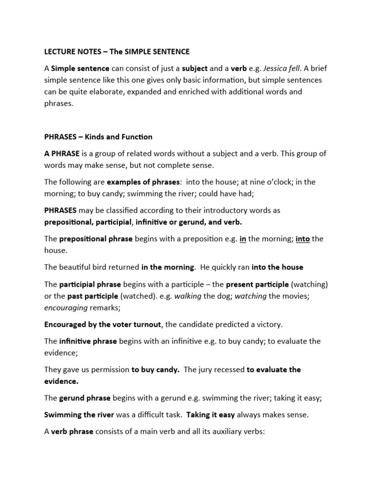 Lecture Notes On The EXPANSION of The SIMPLE SENTENCE | PDF | Verb ...