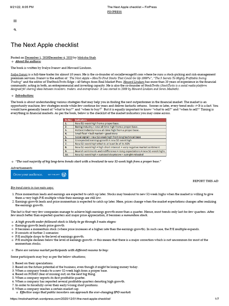The Next Apple Checklist | Download Free PDF | Stocks | Price–Earnings ...