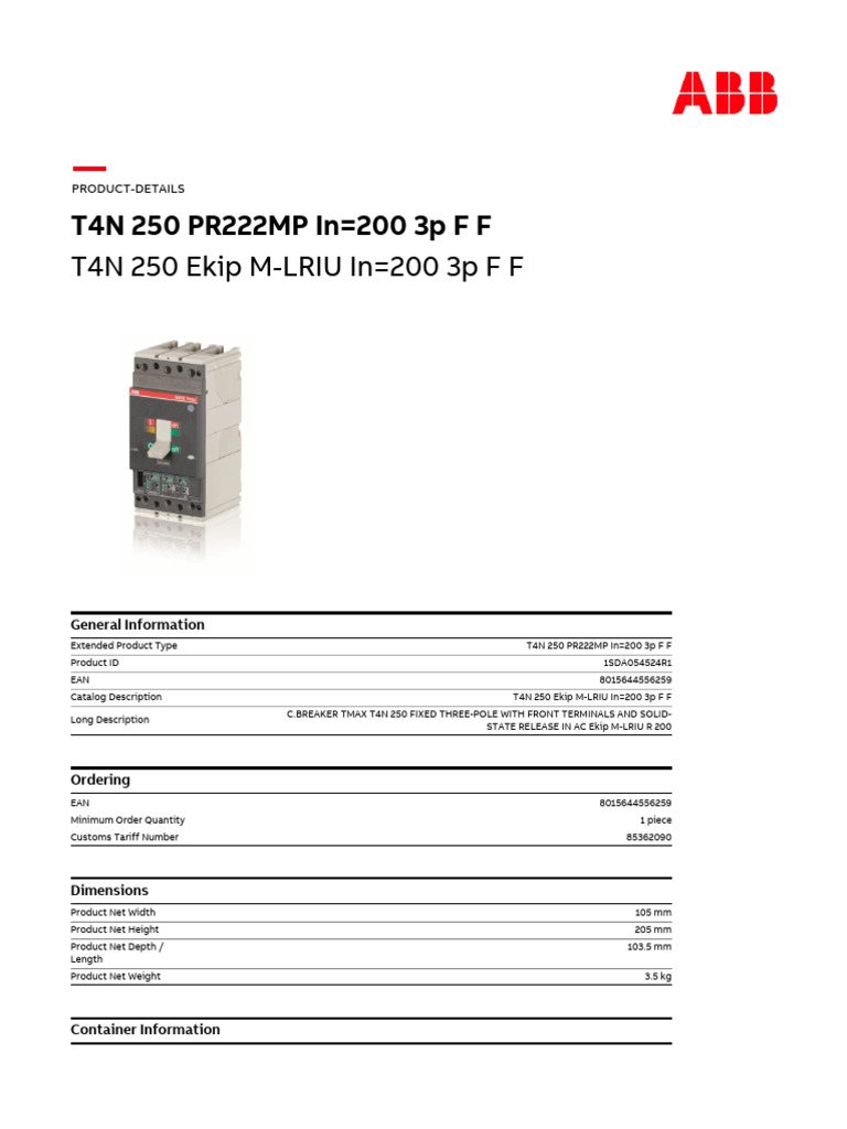 T4N 250 Moulded Case Circuit Breaker | PDF | Physical Quantities ...