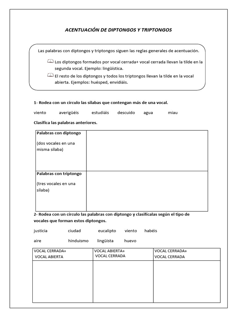 Actividades Acentuación de Diptongos, Triptongos e Hiatos | PDF | Vocal ...