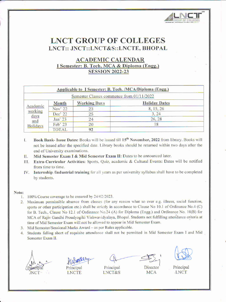Academic Calendar I Semester 2022 23 | PDF