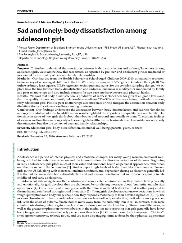 Sad and Lonely: Body Dissatisfaction Among Adolescent Girls Forste ...