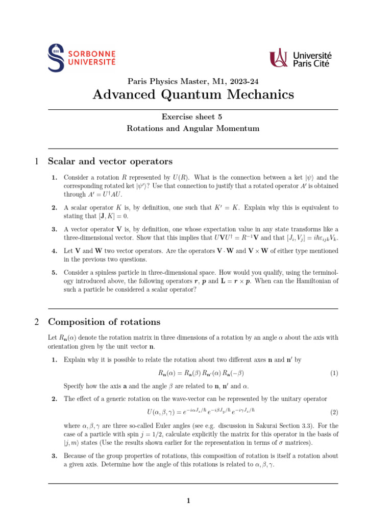 Advanced Quantum Mechanics Exercises | PDF | Spin (Physics) | Rotation