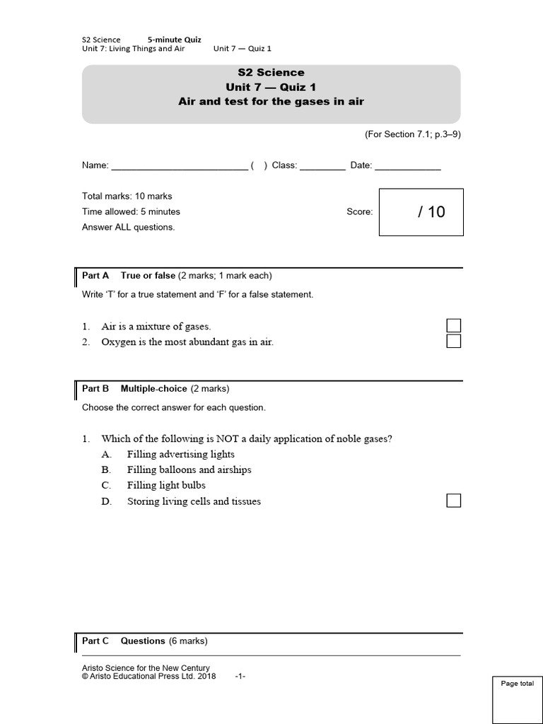 5-Minute Quiz on Air and Gases | PDF | Materials | Physical Sciences