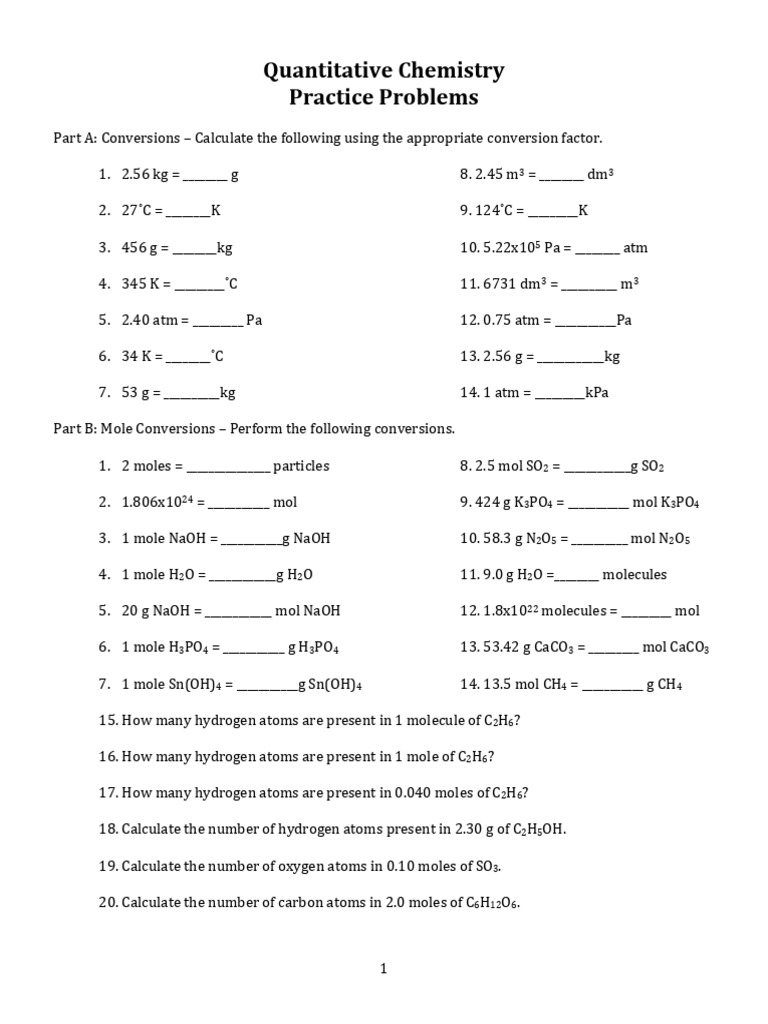WS - Practice Problems Quantitative Chemistry - IB Chemistry | PDF ...