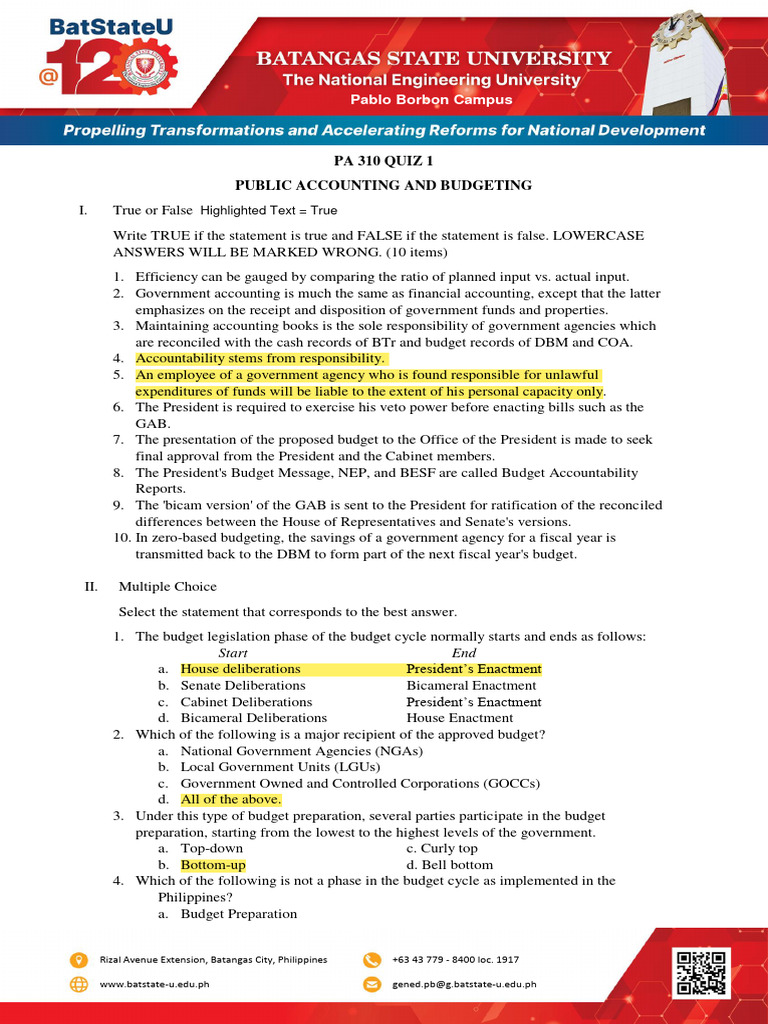 Quiz Answer Key | PDF | Budget | Presidents Of The United States