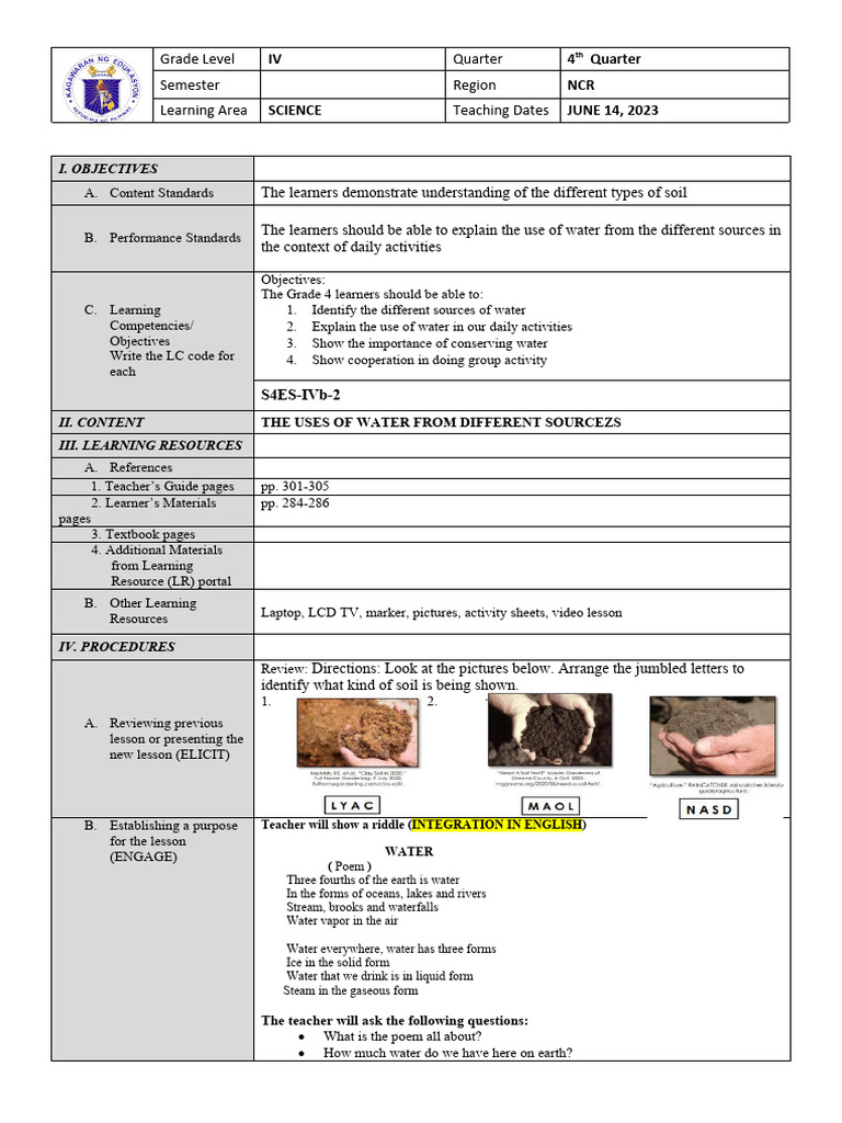 COT 4th Quarter Sources of Water | PDF | Water | Learning