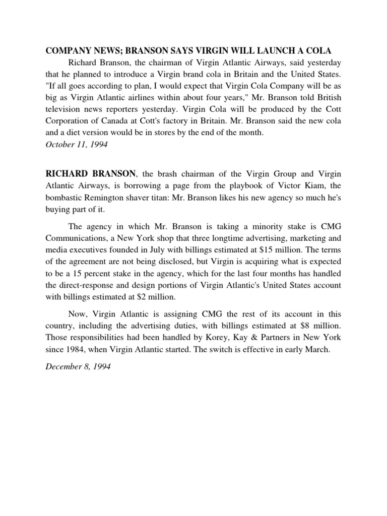 Virgin Cola | PDF | Coca Cola | Pepsi