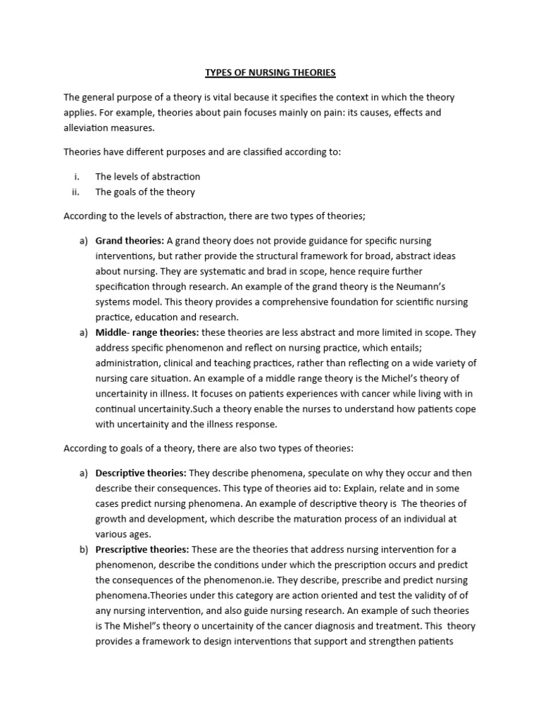 001 Types of Nursing Theories | PDF | Theory | Nursing