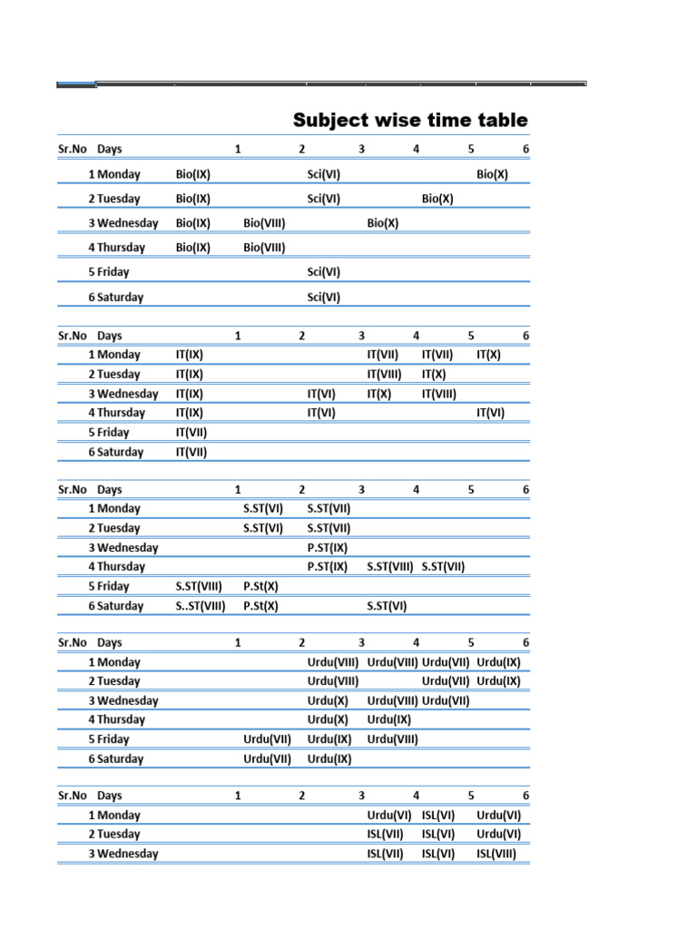 Subject Wise Secondry Time Table | PDF