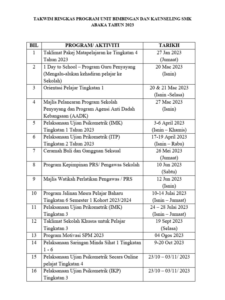 Takwim Ringkas Ubk 2023 | PDF