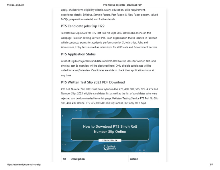PTS Roll No Slip Download 2023 | PDF | Career & Growth