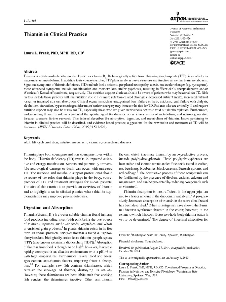 J Parenter Enteral Nutr - 2015 - Frank - Thiamin in Clinical Practice ...