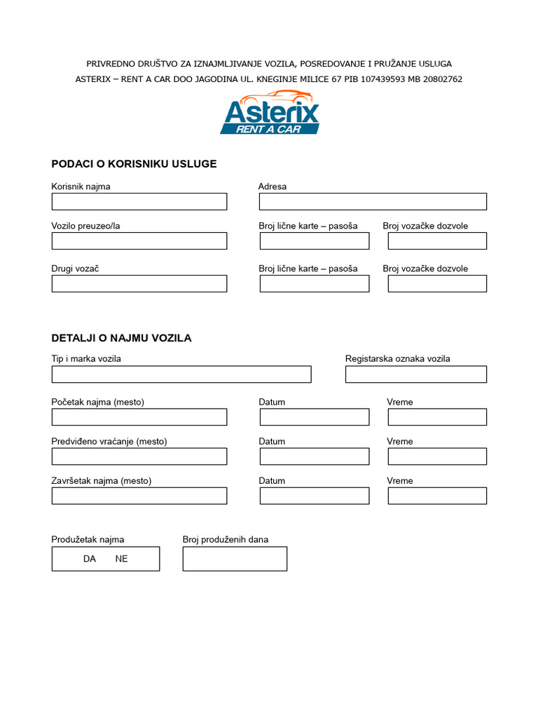 Ugovor Rent a Car Asterix (1) | PDF