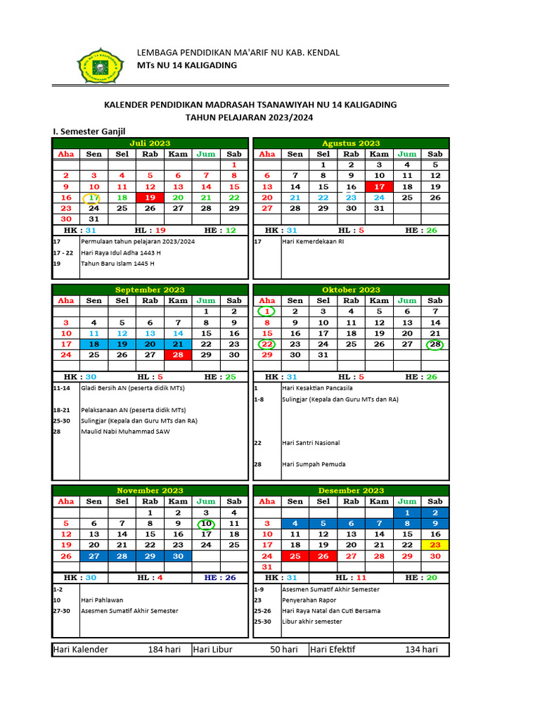 Kalender Pendidikan MTs NU 2023/2024 | PDF