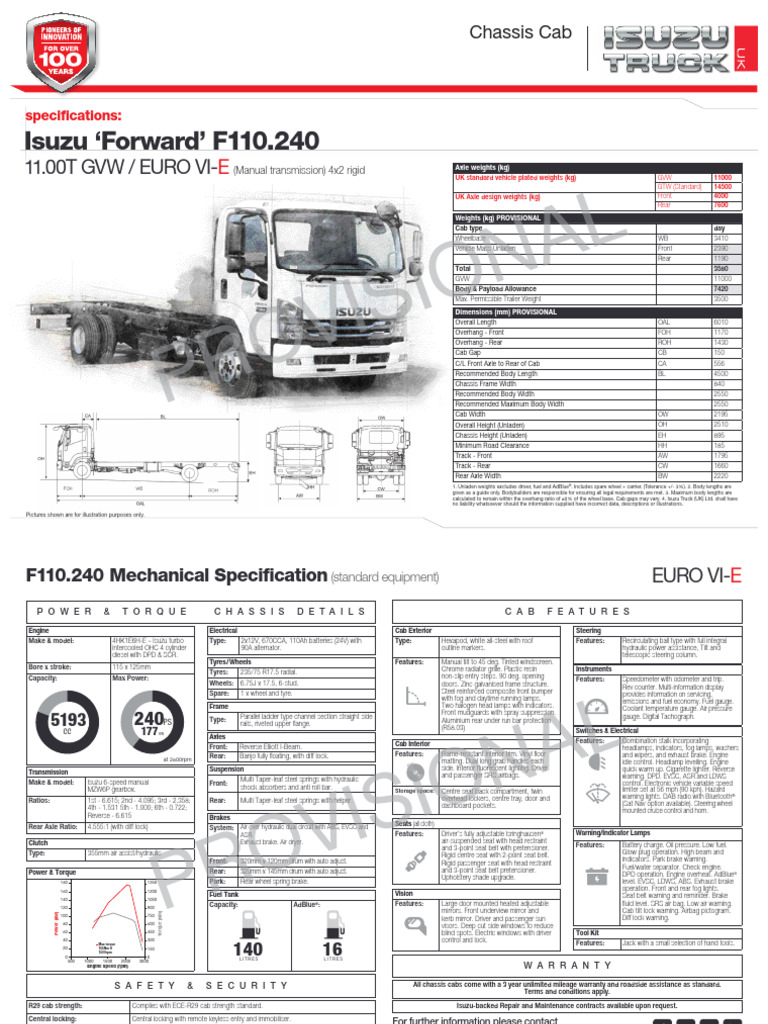 Isuzu Spec Sheet Forward F110 - 240 OBD E Provisional 09 2023 | PDF | Truck | Seat Belt
