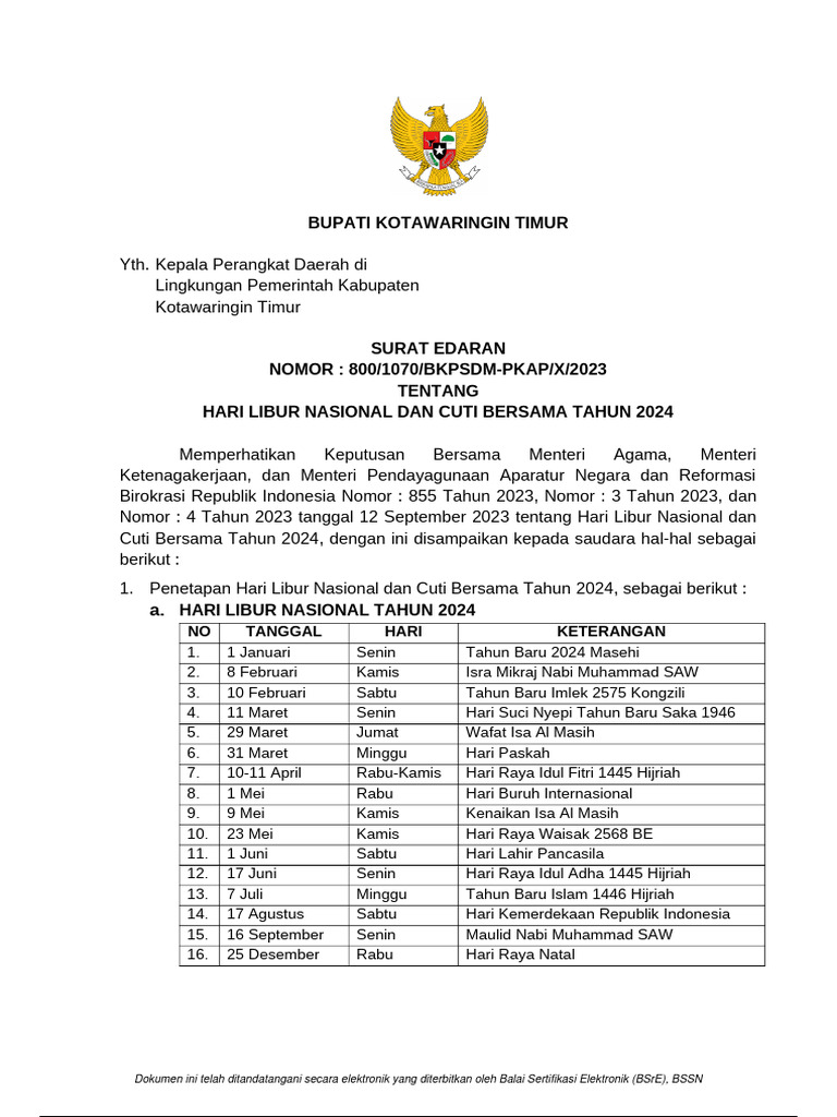 Surat Edaran Libur Nasional Dan Cuti Bersama Tahun 2024 (Tte) | PDF