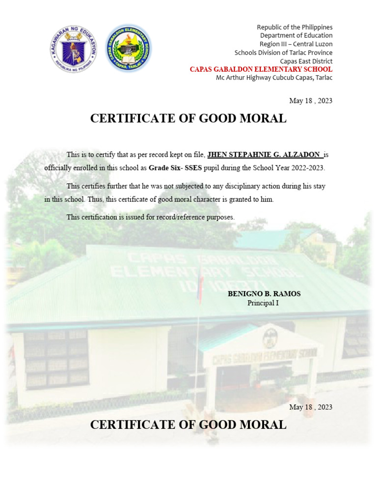 Certificate of Good Moral | PDF | Government | Philippines