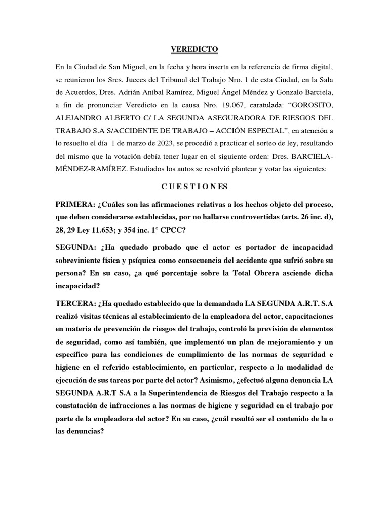 Veredicto en Caso de Accidente Laboral | PDF | Manual Diagnóstico y Estadístico de los ...