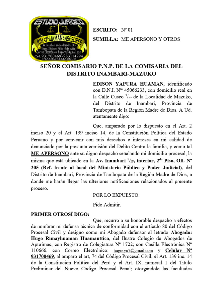 APERSONAMIENTO A LA COMISARÍA DE MAZUKO-ATENTADOS CNTRA LA PATRIA ... APERSONAMIENTO A LA COMISARÍA DE MAZUKO-ATENTADOS CNTRA LA PATRIA ...