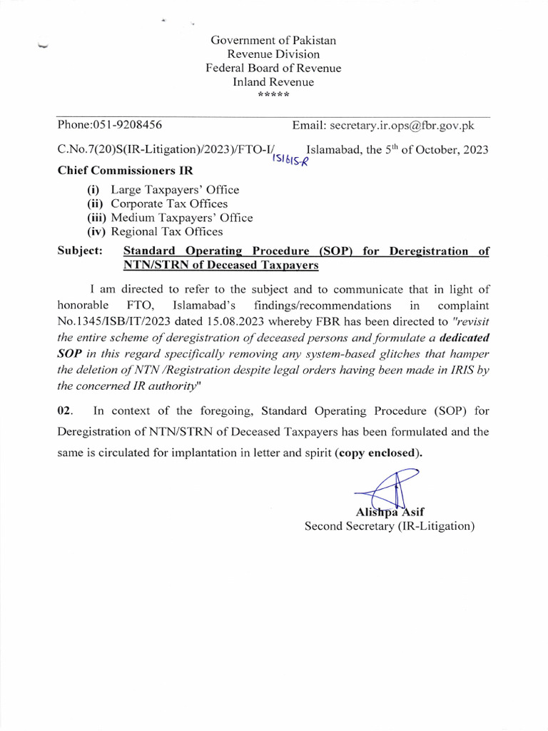 Ref 266 SOP For Deregistration of Deceased Taxpayers' NTN - STRN | PDF | Taxes | Governance