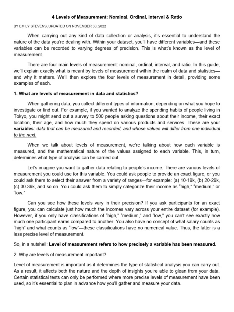 Four Levels of Measurement in Stats | Download Free PDF | Level Of ...