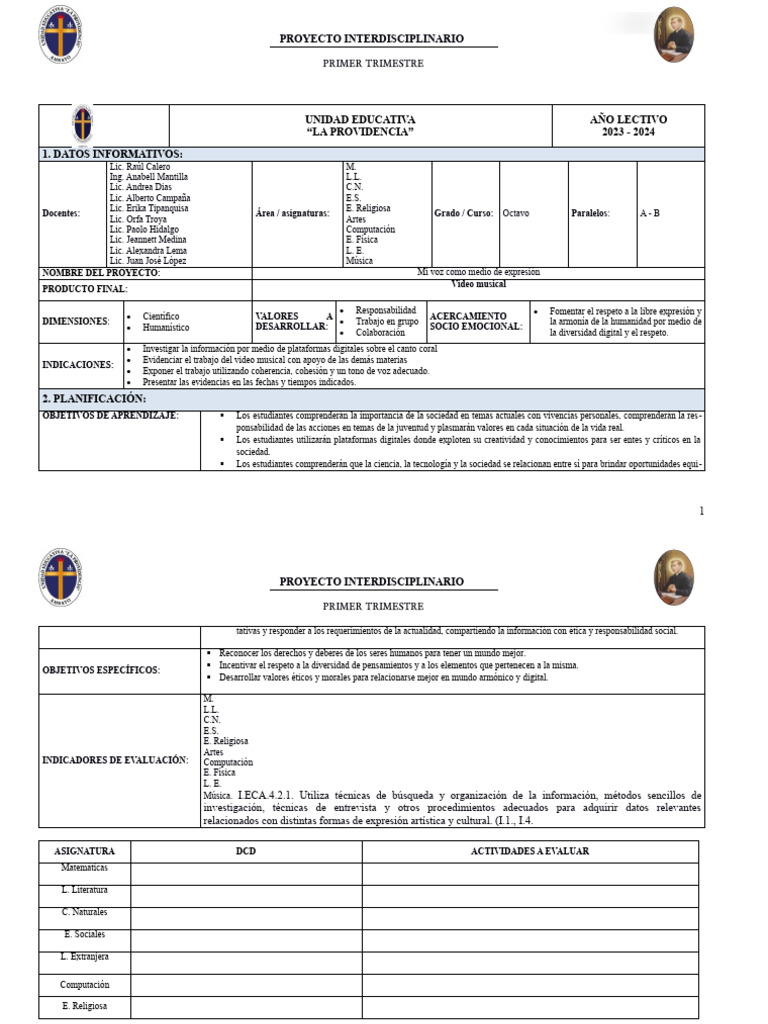 Planificación Proyecto Interdisciplinar 8vo | PDF
