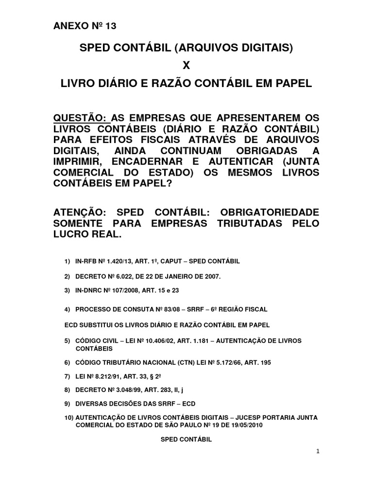 Anexo 13 - SPED CONTÁBIL X LIVRO DIÁRIO e em PAPEL | PDF ...