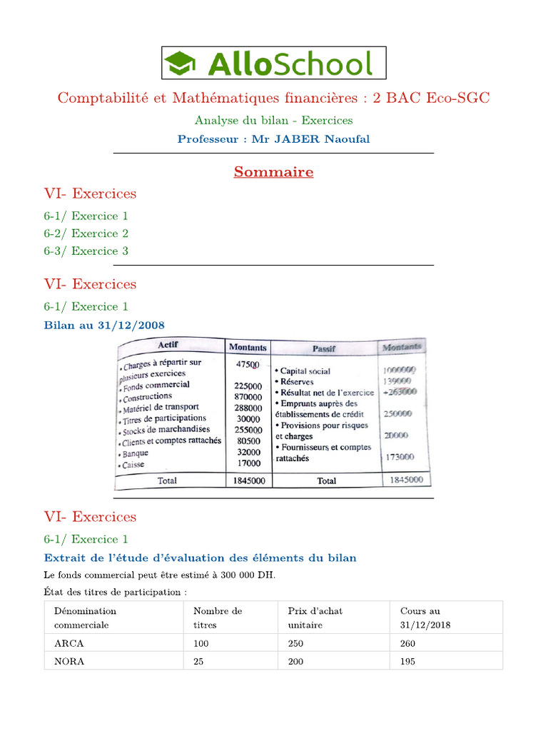Analyse Du Bilan Exercices | PDF