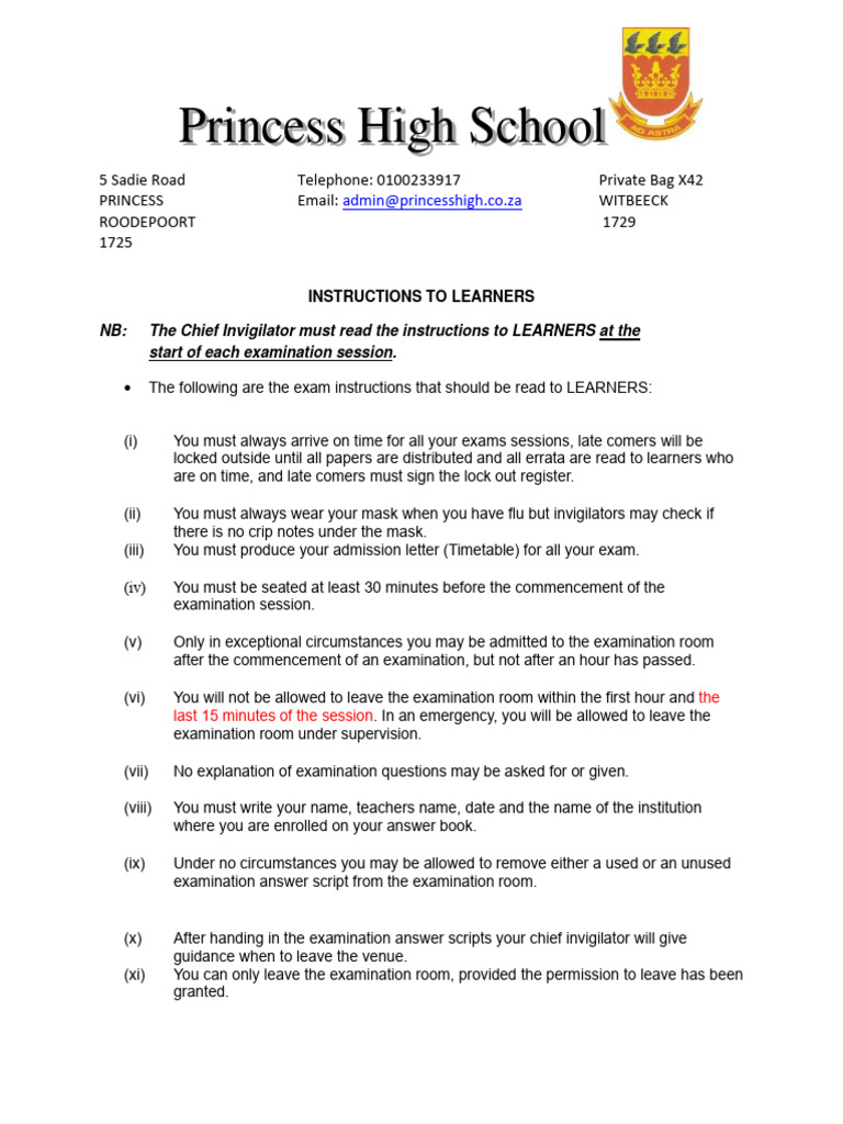 Exam Instructions To Learners Princess High School 2023 | PDF