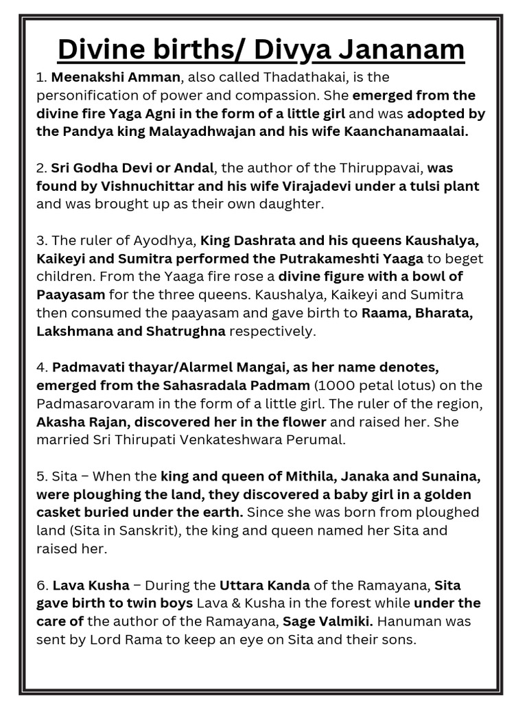 Divine Births/ Divya Jananam | PDF | Sita | Ramayana