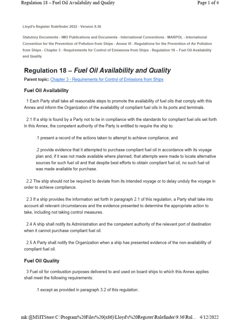Marpol Annex 6 Reg 18 FUEL OIL AVAILABILITY | PDF | Petroleum | Fuel Oil