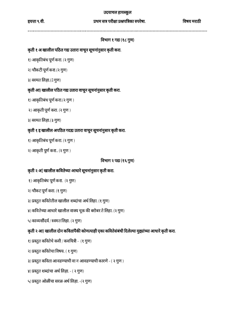 Marathi Paper Pattern Class 9 Maharashtra Board Pdf