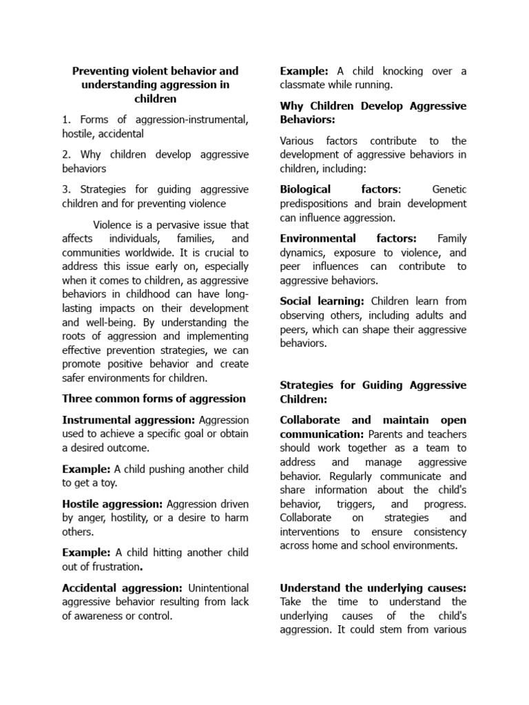 Preventing Violent Behavior and Understanding Aggression in Children ...