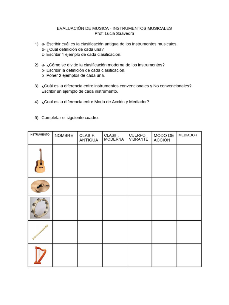 EVALUACIÓN DE MUSICA - INSTRUMENTOS MUSICALES | PDF