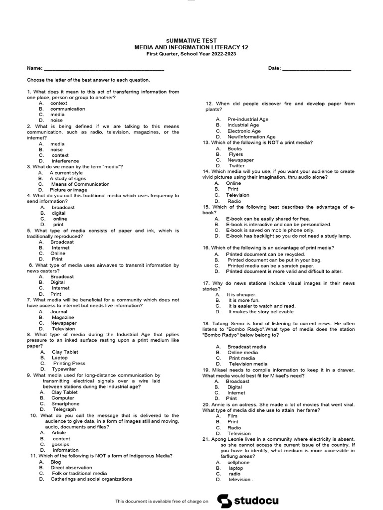 Mil-Q1 w1 1st Summative | PDF | Mass Media | Social Media